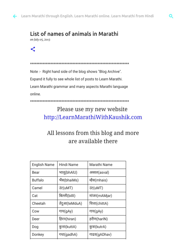 List of Names of Animals in Marathi | PDF