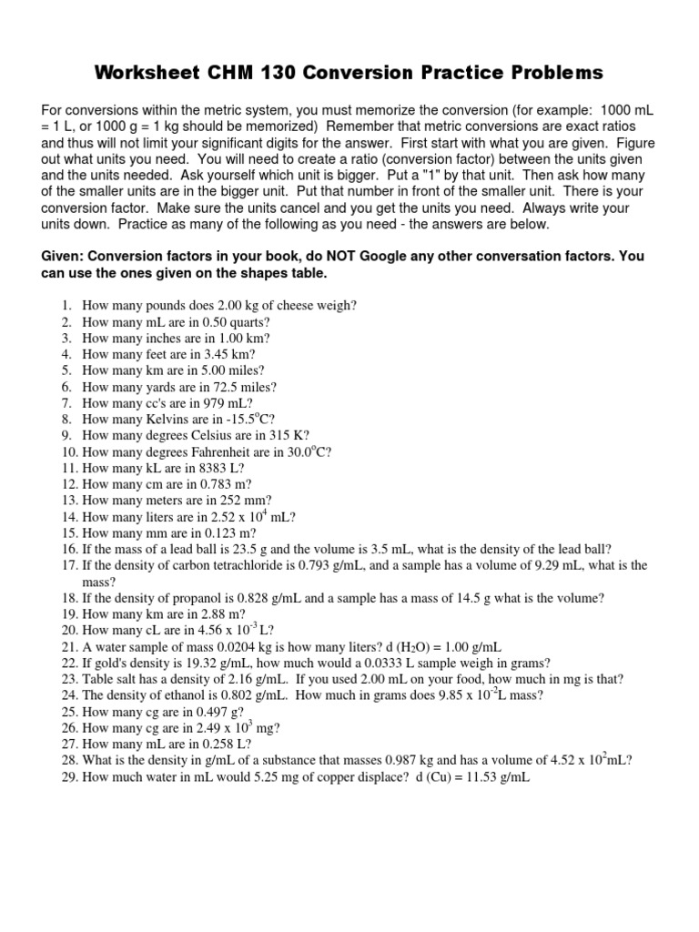 Worksheet CHM 130 Conversion Practice Problems | PDF | Litre | Density