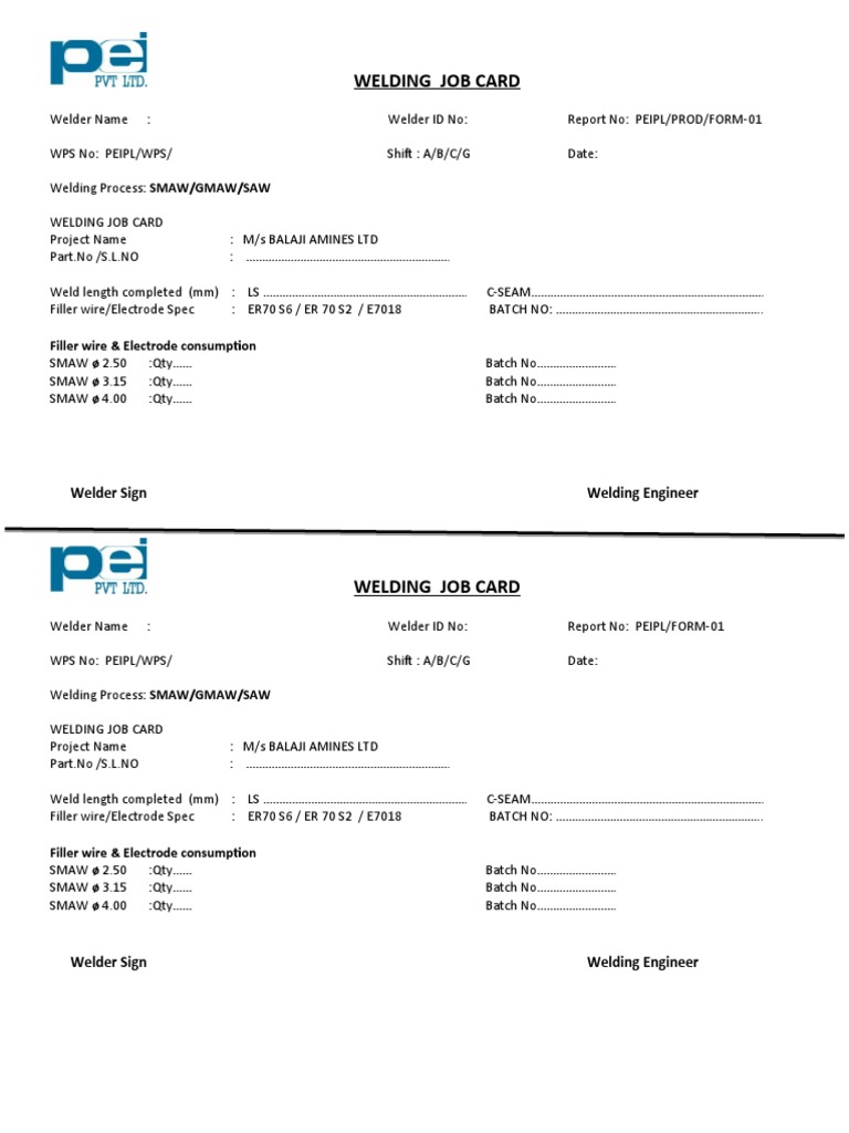 Welding Job Card for Professionals | PDF