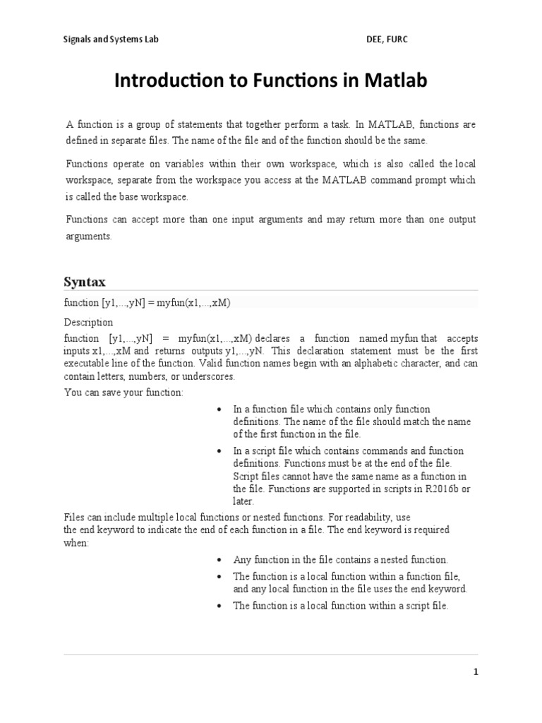 Intro to Functions in Matlab: Define, Call, Nest, Private | PDF ...