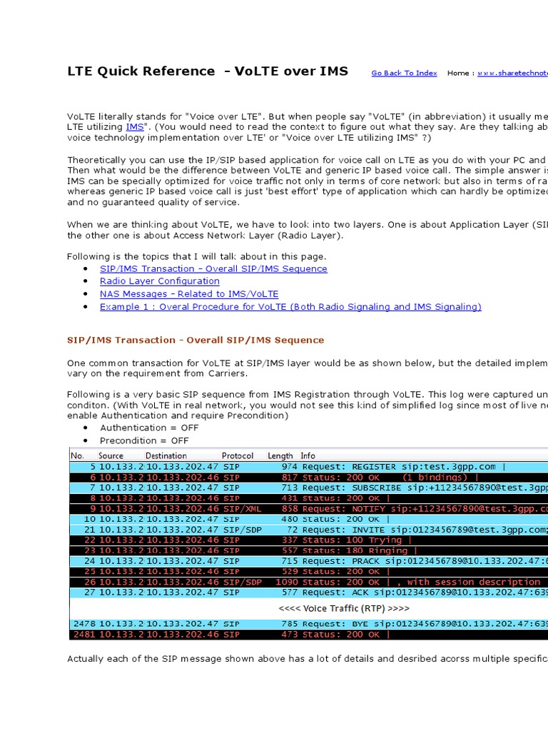 Lte Quick Reference - Volte Over Ims: Sip/Ims Transaction - Overall Sip/Ims Sequence | PDF | Ip ...