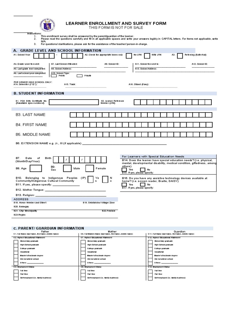 Learner Enrollment and Survey Form: A. Grade Level and School ...