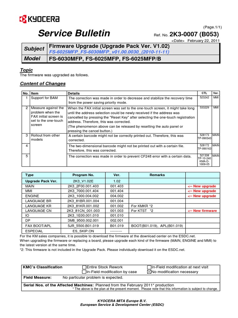 Service Bulletin: Firmware Upgrade (Upgrade Pack Ver. V1.02) FS-6030MFP ...