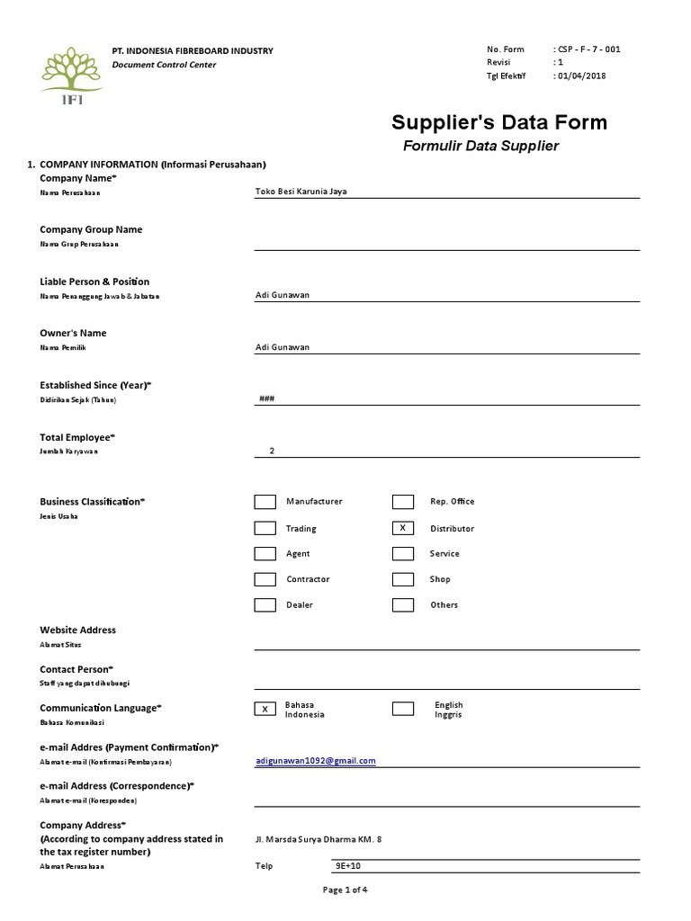 Contoh Formulir Data Supplier | PDF