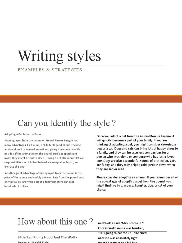 Writing Styles: Examples & Strategies | PDF | Pet | Metaphor