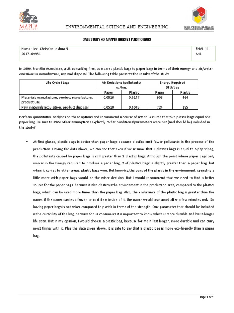 CS#1 Paper Bags Vs Plastic Bags | PDF | Plastic | Paper