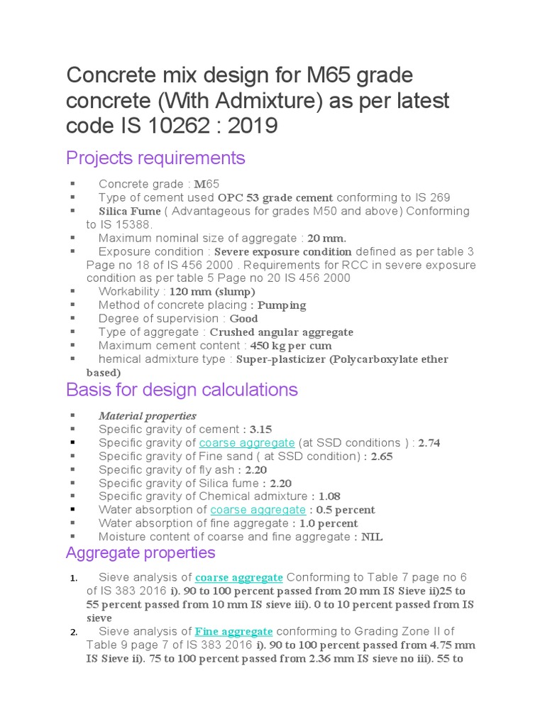 Concrete Mix Design For M65 Grade Concrete | PDF | Fly Ash | Concrete