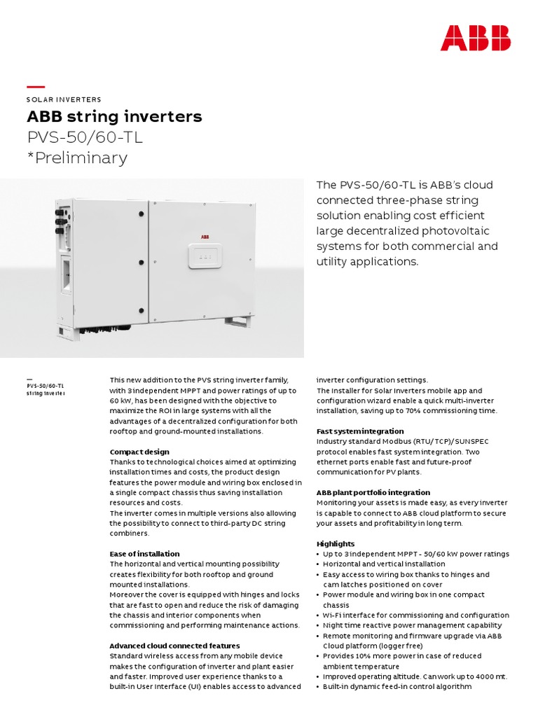 ABB String Inverters: PVS-50/60-TL Preliminary | PDF | Alternating ...