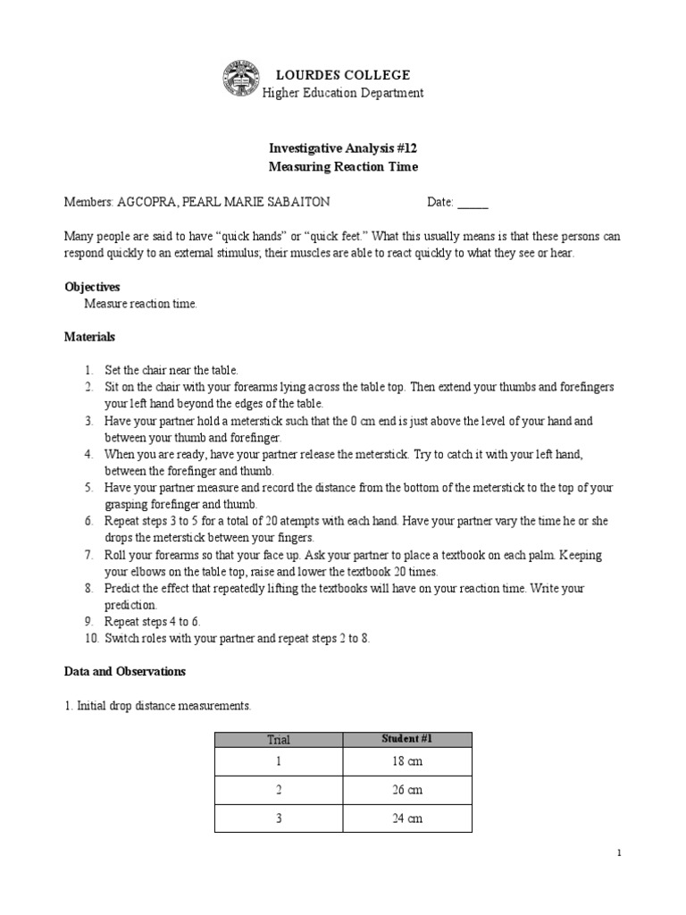 Measuring Reaction Time Experiment | PDF | Thumb | Hand