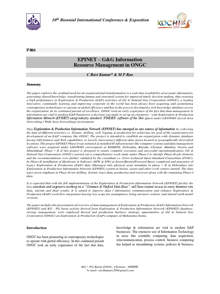 EPINET - G&G Information Resource Management in ONGC: 10 Biennial ...
