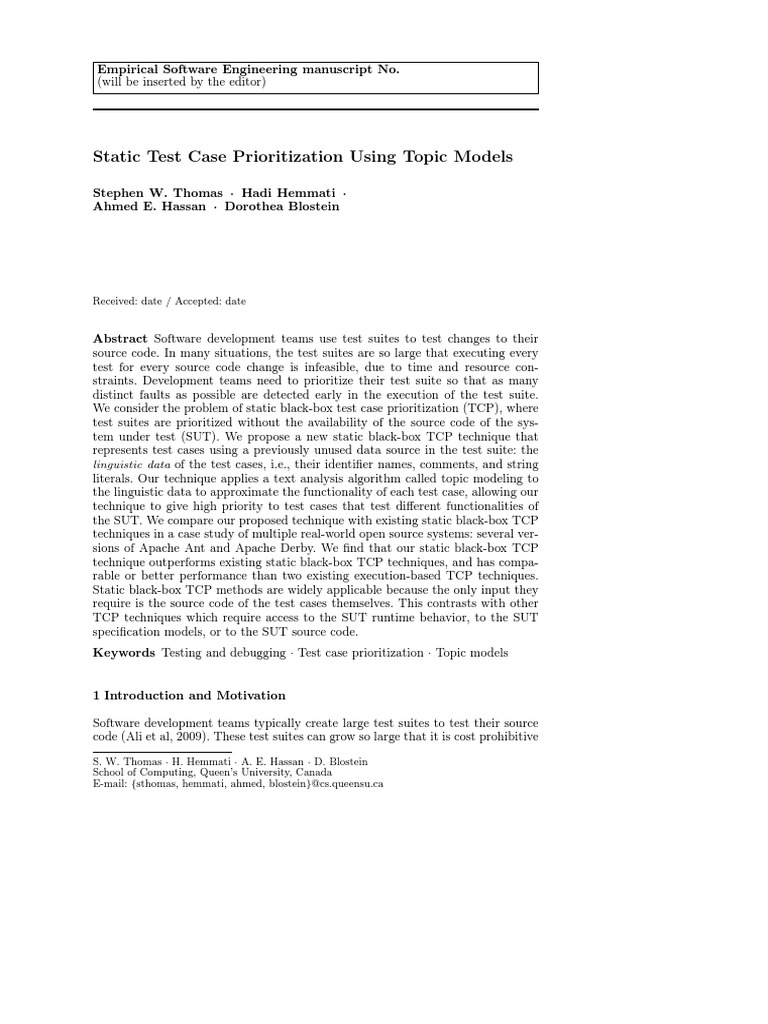 Static Test Case Prioritization Using Topic Models Received Date Accepted Date Pdf Mann