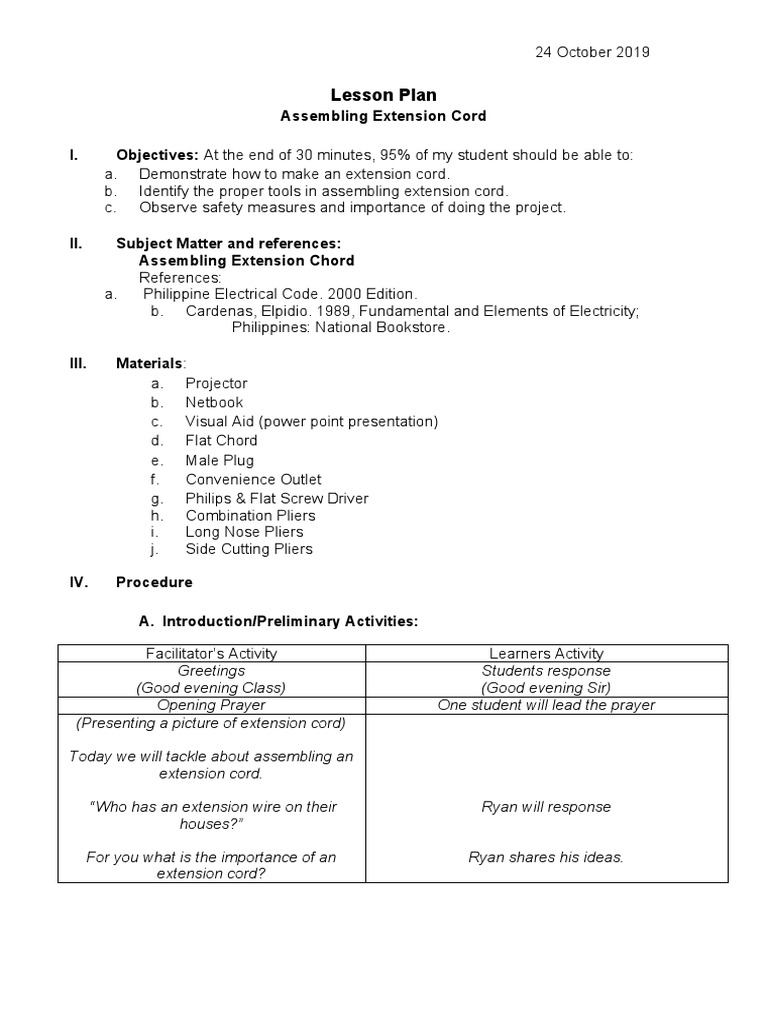 Lesson Plan For Making Extension Final | PDF | Wire | Electrical Connector