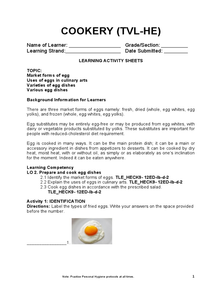 Cookery (Tvl-He) : Name of Learner: Grade/Section: Learning Strand ...