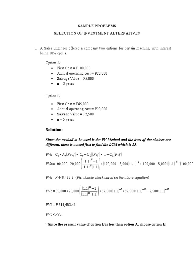 Sample Problem For Selection of Investment Alternatives | PDF | Applied ...