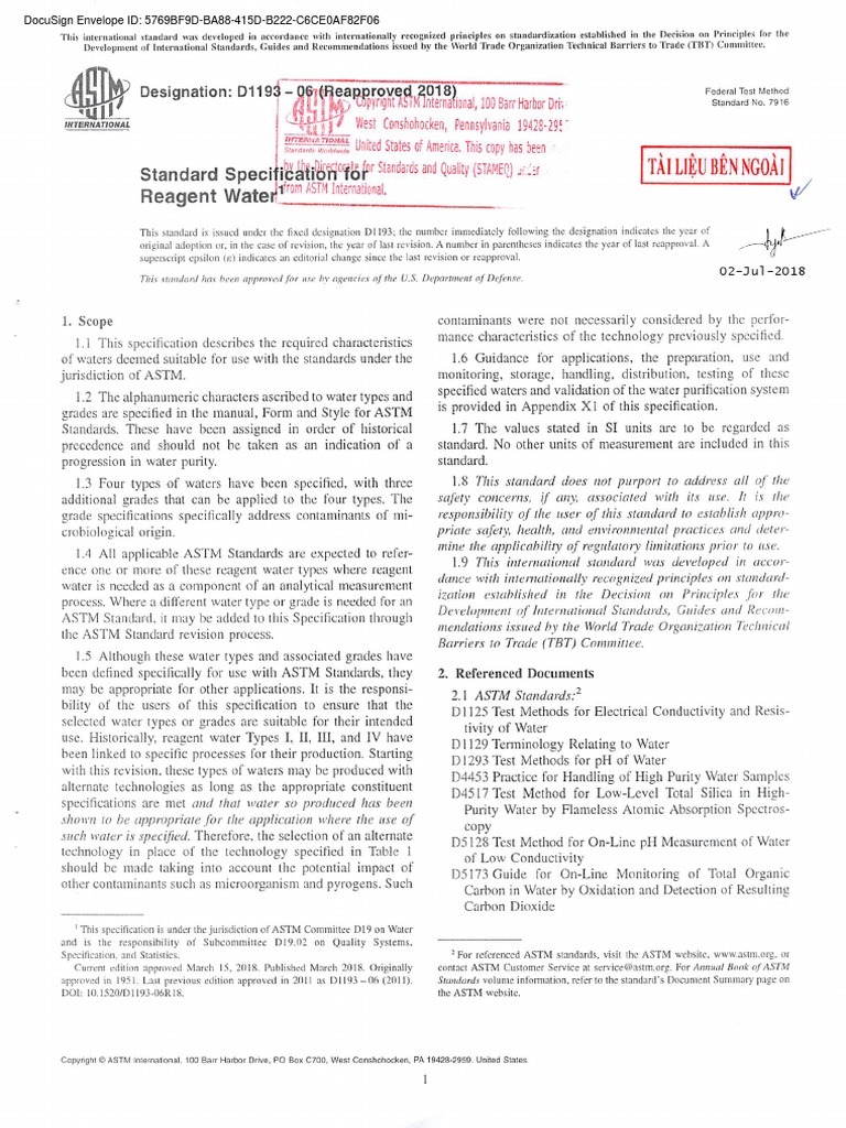 ASTM D1193-06 Standard Specification For Reagent Water PDF | PDF