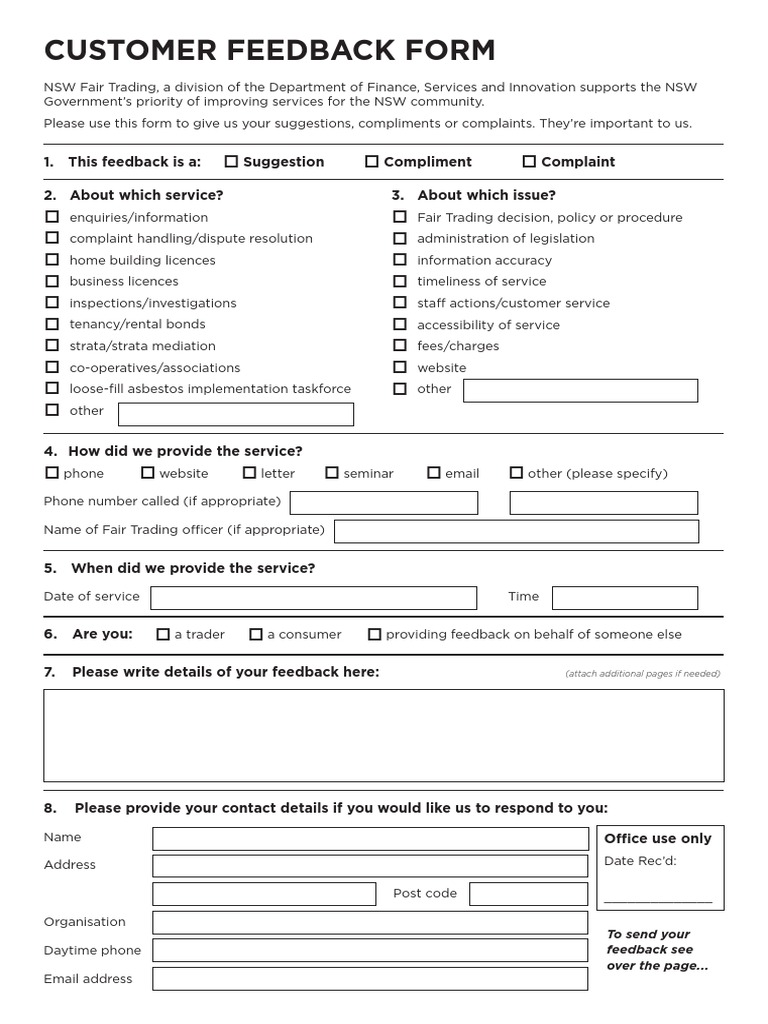 Customer Feedback Form: To Send Your Feedback See Over The Page.. | PDF ...