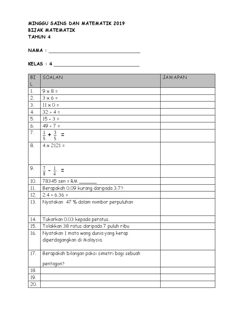 Kuiz Minggu Sains Dan Matematik | PDF