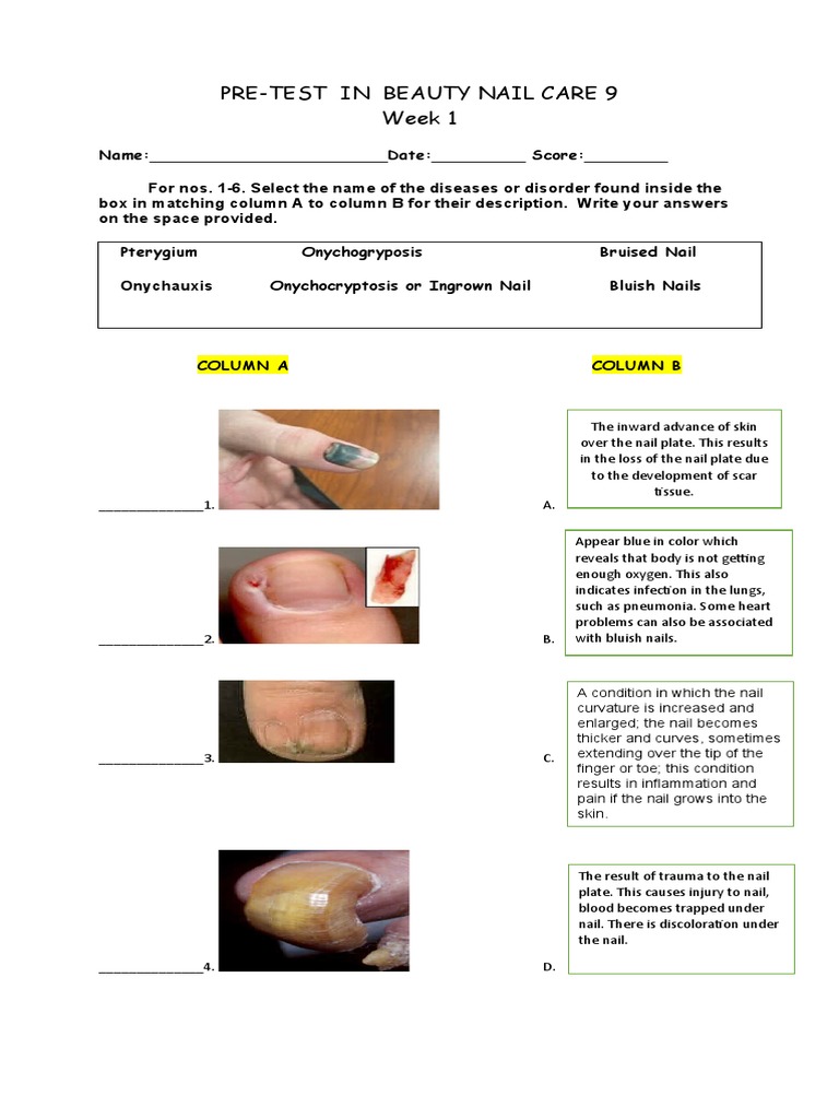 Pre-Test in Beauty Nail Care 9 Week 1 | PDF | Nail (Anatomy) | Epidemiology