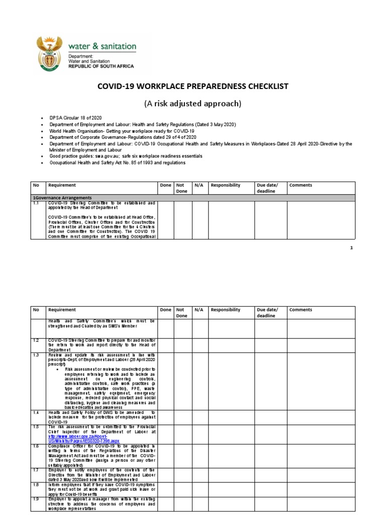 COVID-19 Workplace Preparedness Checklist Agreed at 14 May Meeting ...