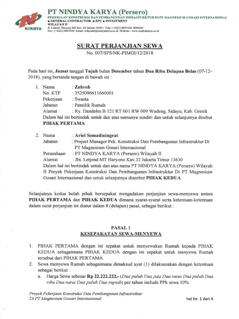 Kontrak Sewa Rumah Mess | PDF