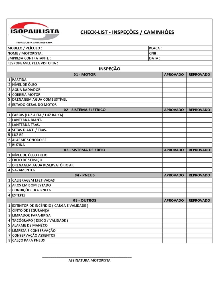 Checklist de inspeção de caminhão com detalhes sobre itens do motor ...