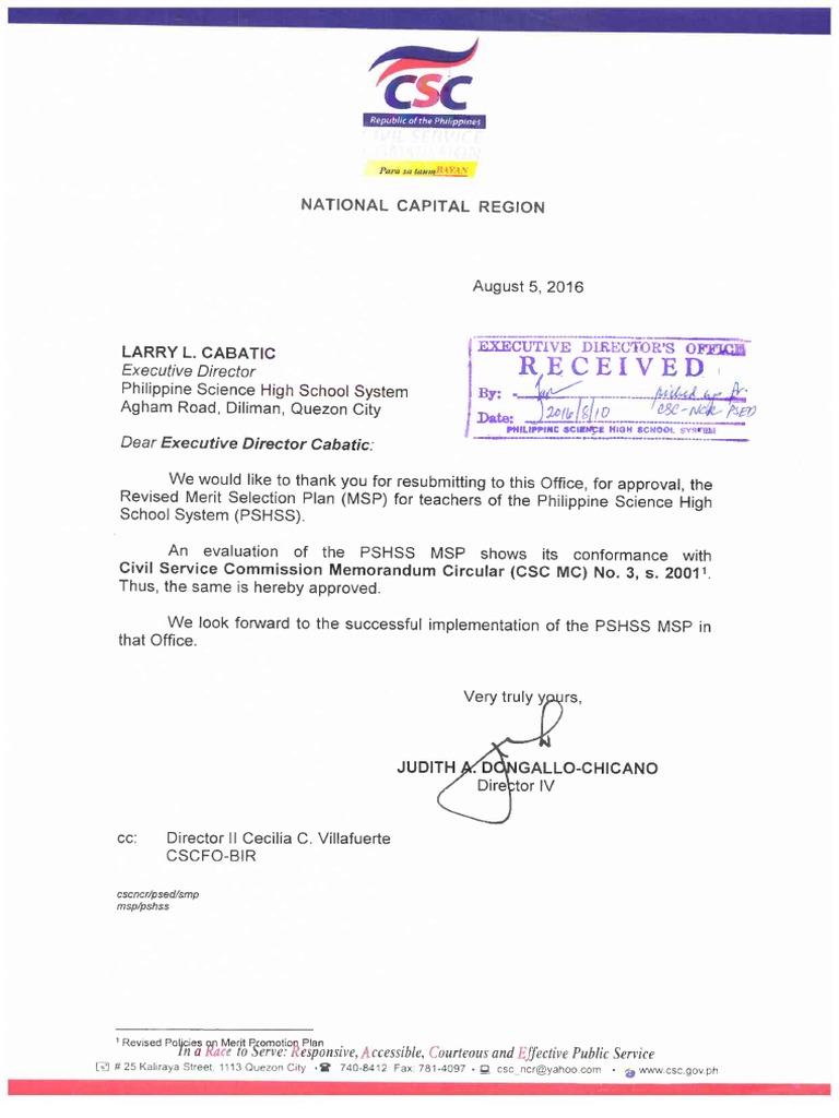 PSHS Approved - Signed - CSC-MSP | PDF