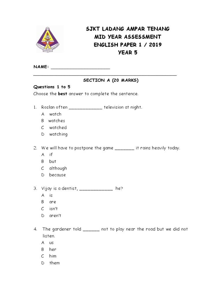 Bi Year 5 Paper 1 | PDF