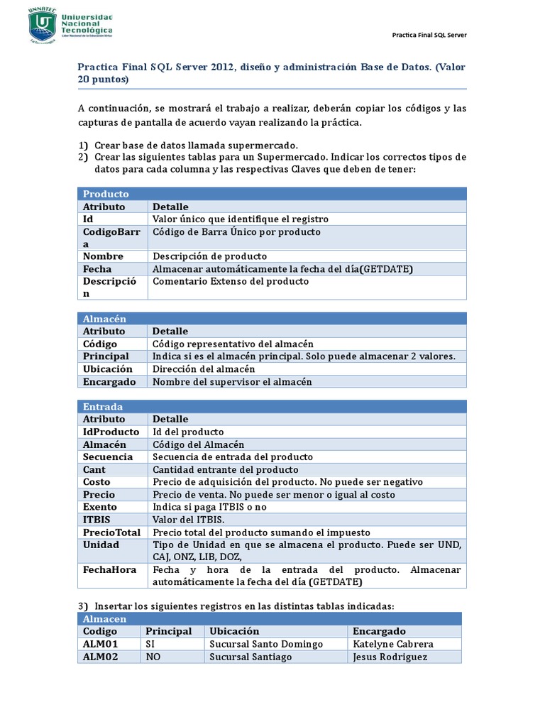 Práctica SQL Server 2012: Diseño y Consultas | PDF | Servidor SQL de Microsoft | SQL