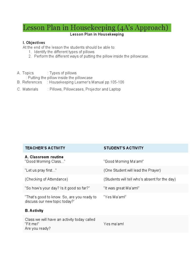 Housekeeping Lesson: Pillowcase Project | PDF | Pillow | Lesson Plan