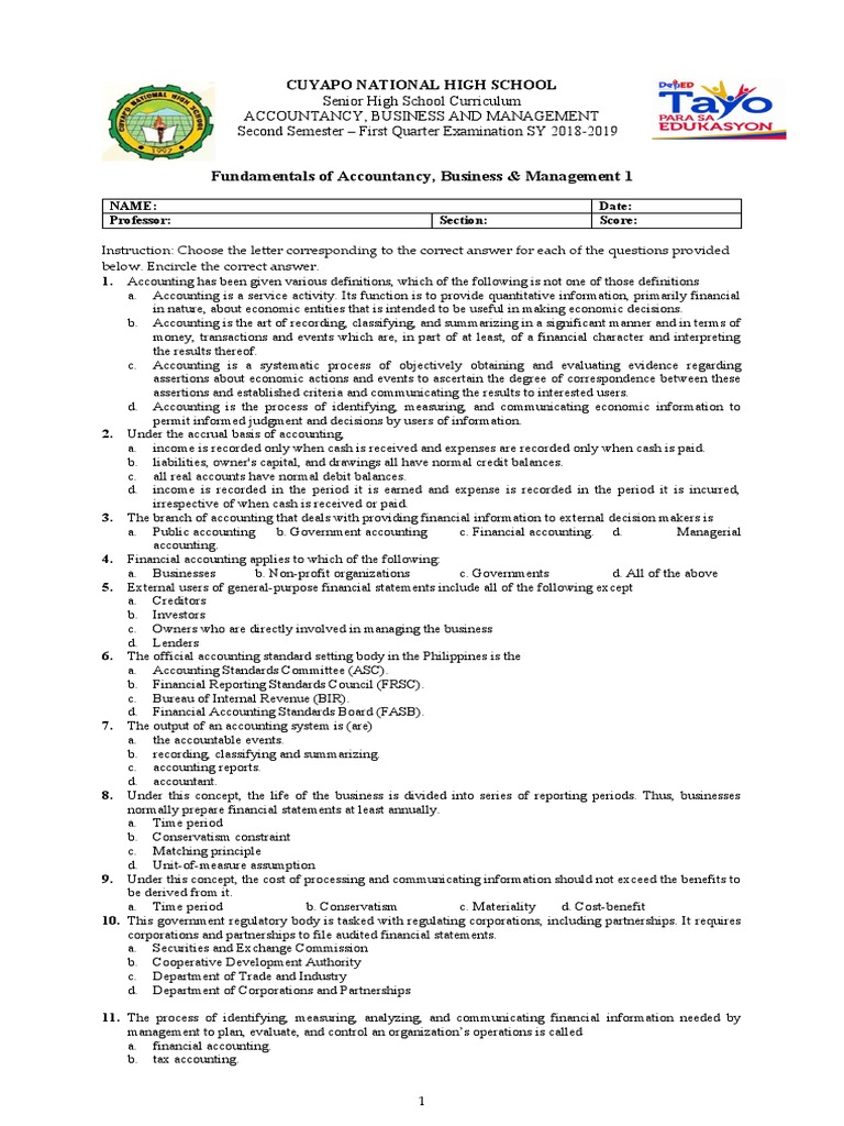 Quarter Examination-FABM 1 SY 2018-2019 | PDF | Debits And Credits ...