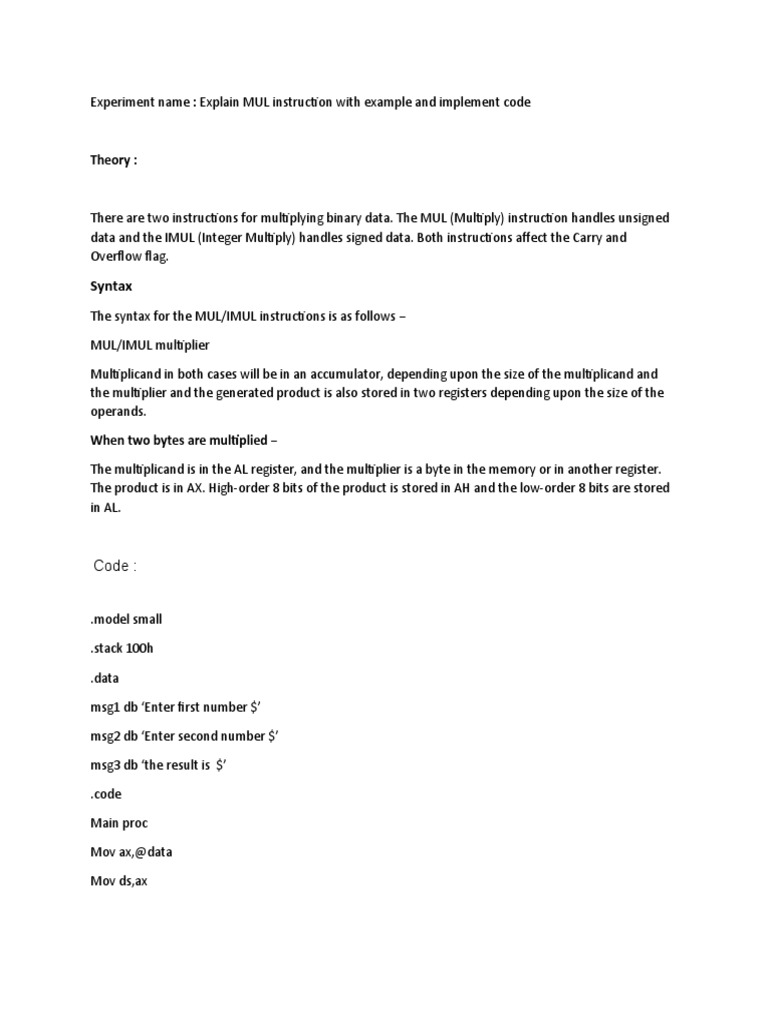 Multiplication in Assembly Language | PDF