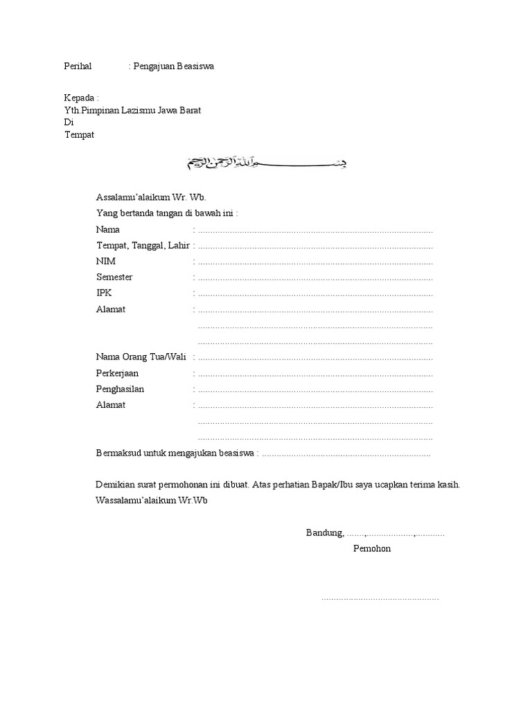 Form SURAT PENGAJUAN BEASISWA LAZISMU | PDF