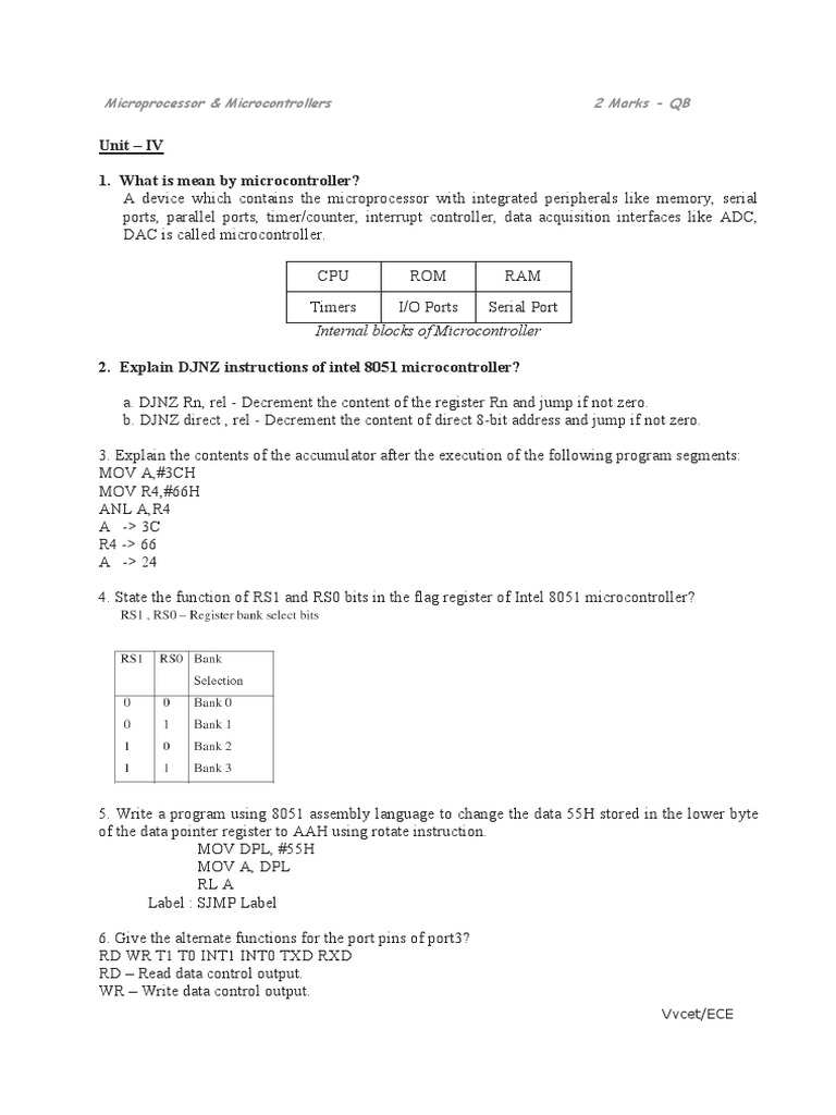 Unit - IV 1. What Is Mean by Microcontroller?: Internal Blocks of ...