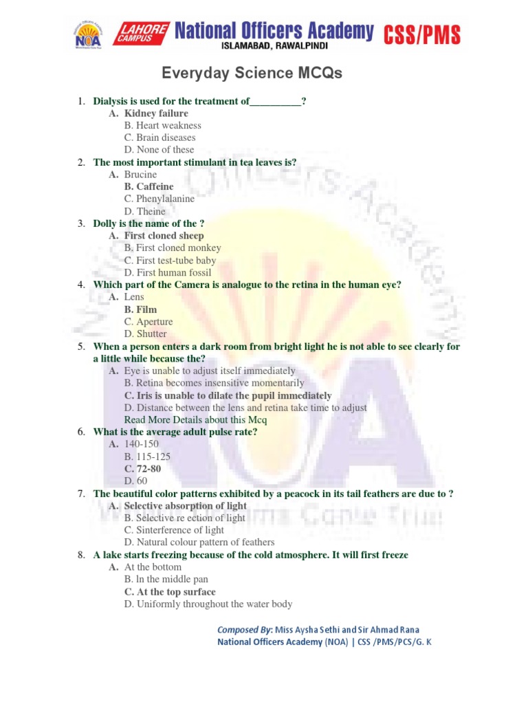 Everyday Science MCQs CSS | PDF | Atmosphere Of Earth | Atoms