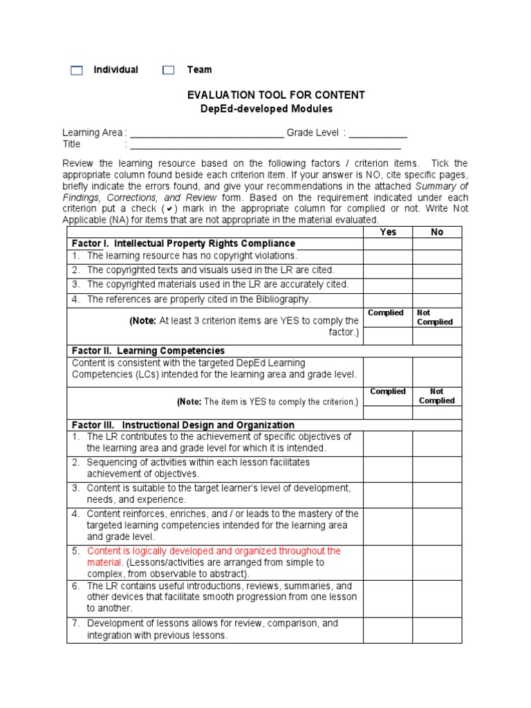 Evaluation Tool For Content Deped-Developed Modules: Individual Team ...