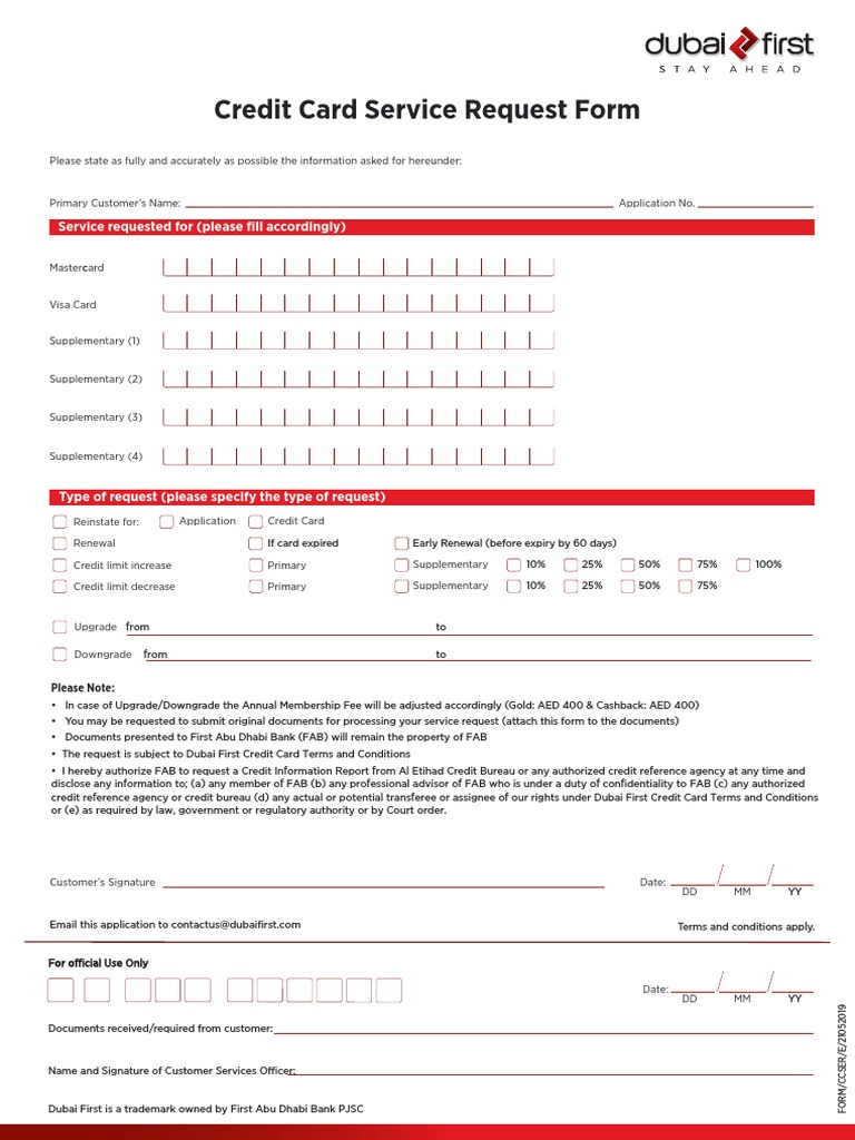 Credit Card Service Request Form: Service Requested For (Please Fill ...