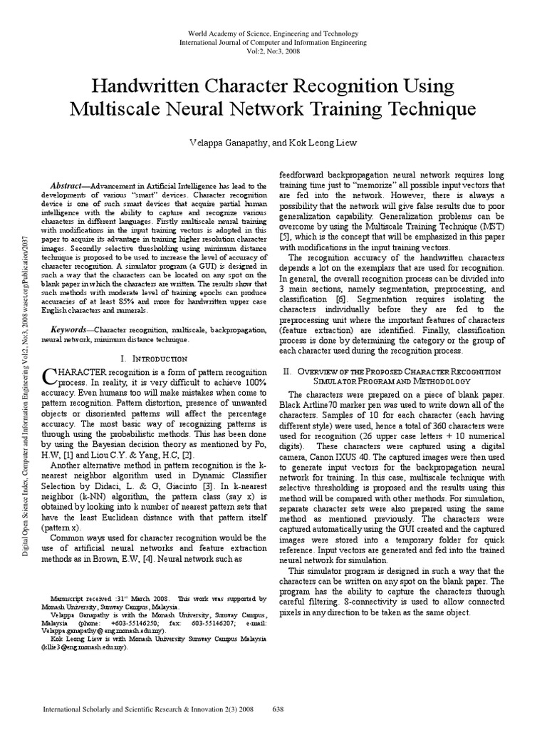 Handwritten Character Recognition Using Multiscale Neural Network Training Technique | Download ...
