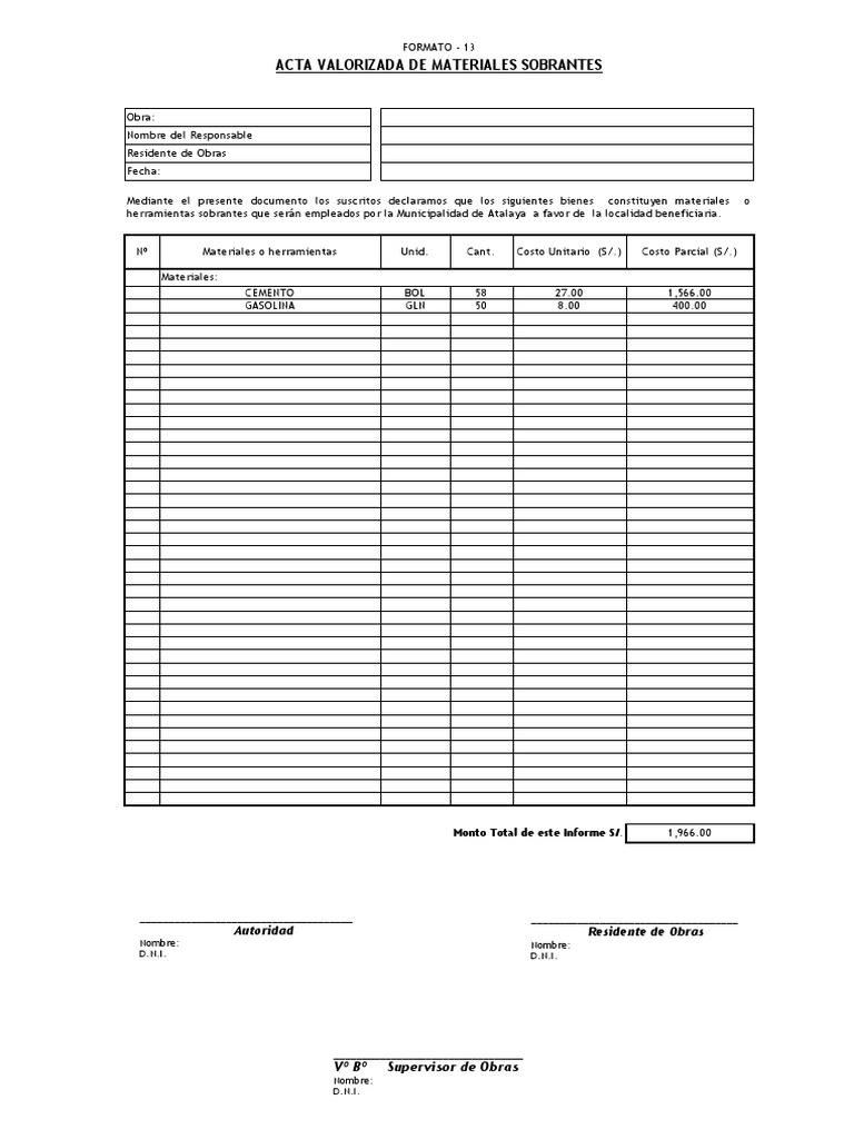 Formato 13 - MATERIALES SOBRANTES | PDF