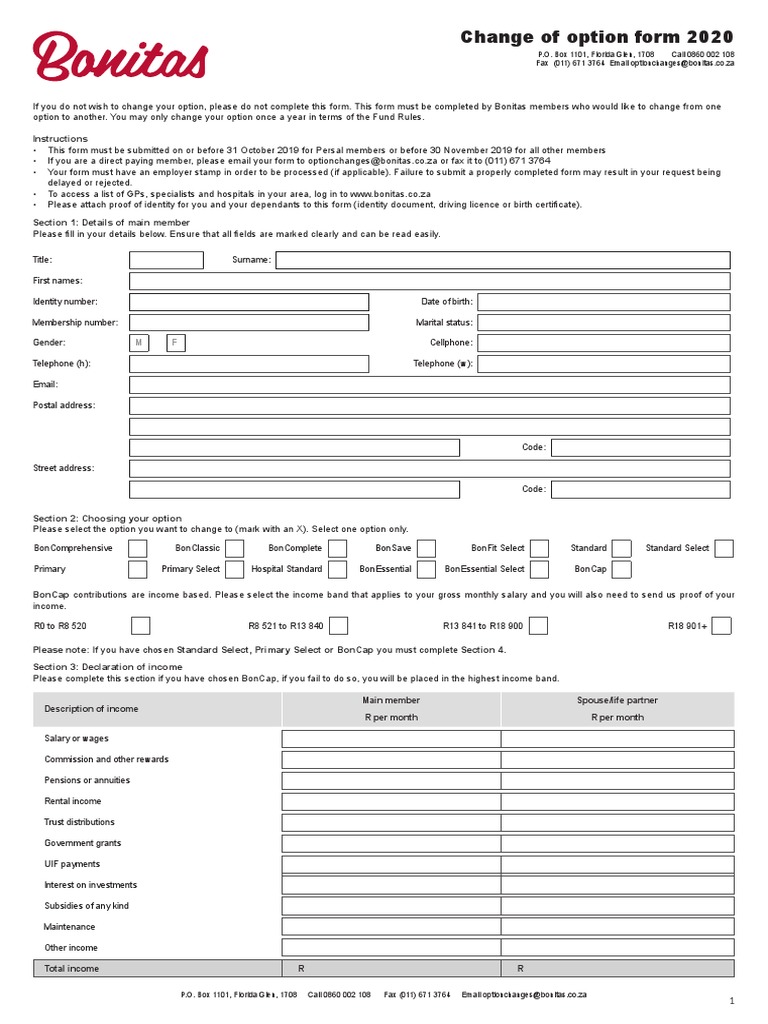 Bonitas Change of Option Form 2025 | PDF | Confidentiality | Pension