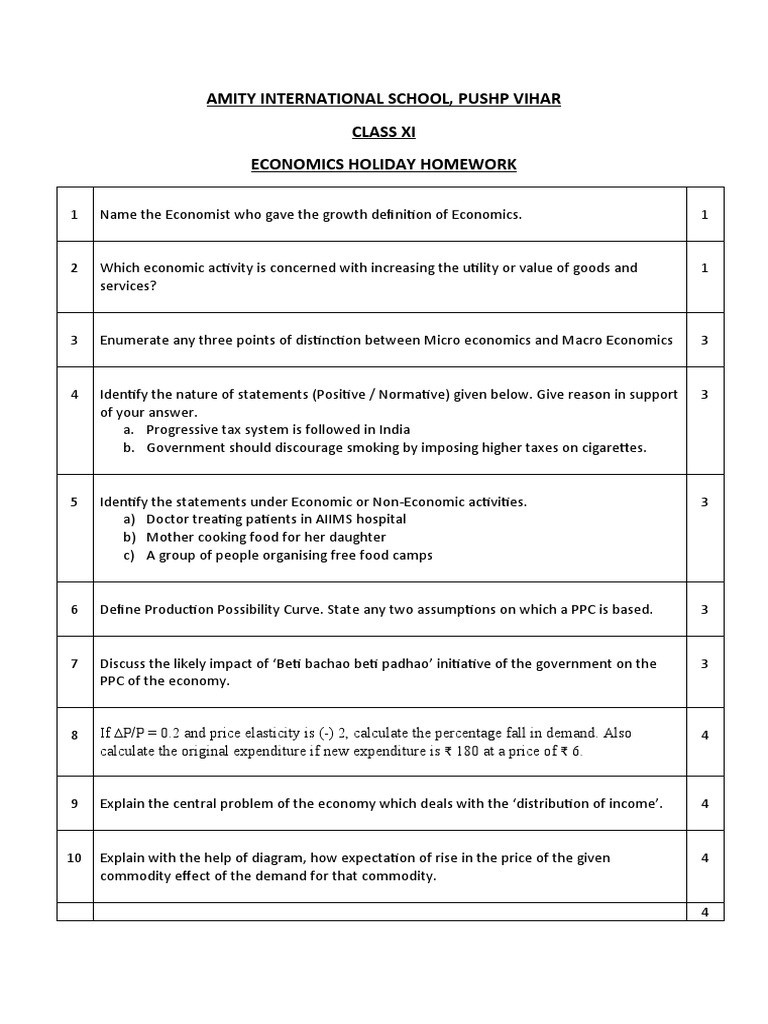 Amity International School, Pushp Vihar Class Xi Economics Holiday Homework | PDF | Demand ...