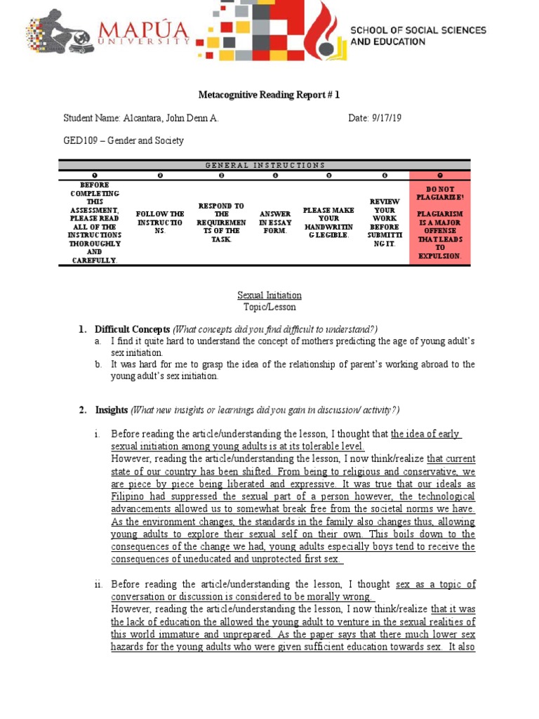 Metacognitive Reading Report 1 General Instructions Pdf Sex Education Behavior Modification