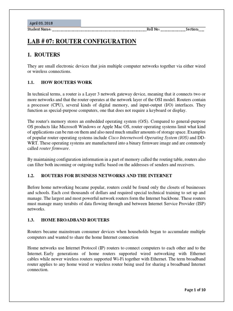 Lab # 07: Router Configuration: 1. Routers | PDF | Routing | Computer ...