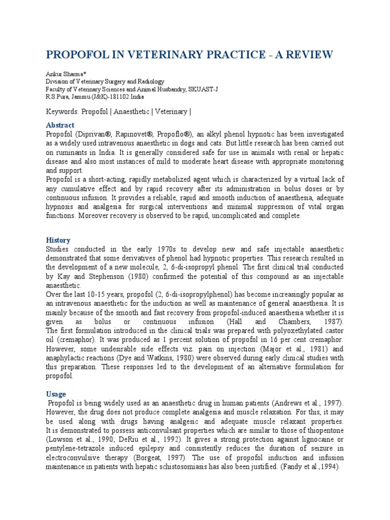 Propofol in Veterinary Practice | PDF | Anesthesia | Medical Treatments