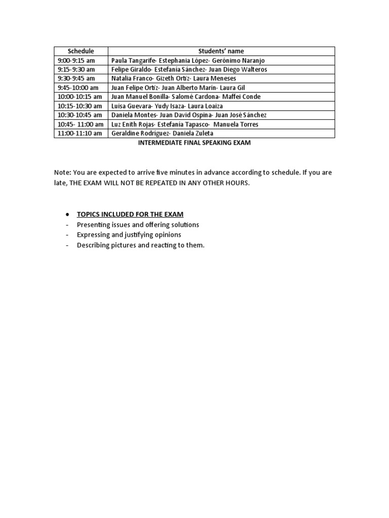 Intermediate Speaking Exam Schedule | PDF