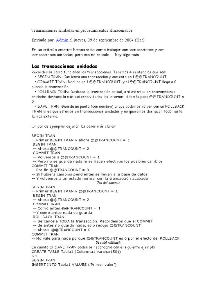 SQL Transacciones Anidadas en Procedimientos Almacenados | PDF | Datos | Recuperación de información