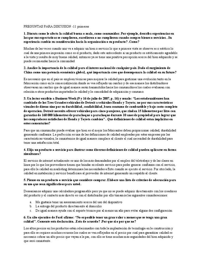 PREGUNTAS PARA DISCUSION - 11primeras | PDF | Producto (Negocio ...