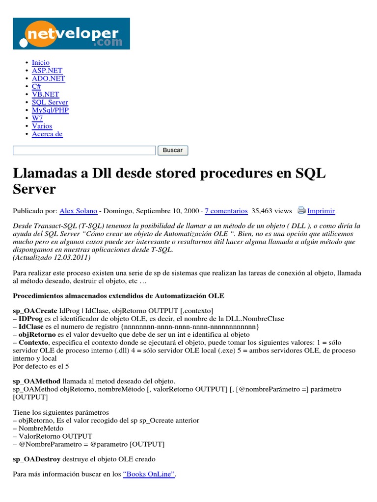SQL Llamadas A DLL Desde Stor | PDF | Servidor SQL de Microsoft ...