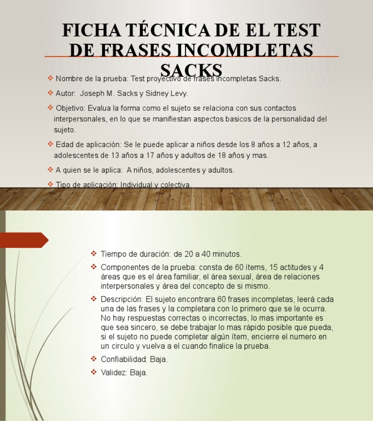 Ficha técnica de el test de frases incompletas sacks | PDF