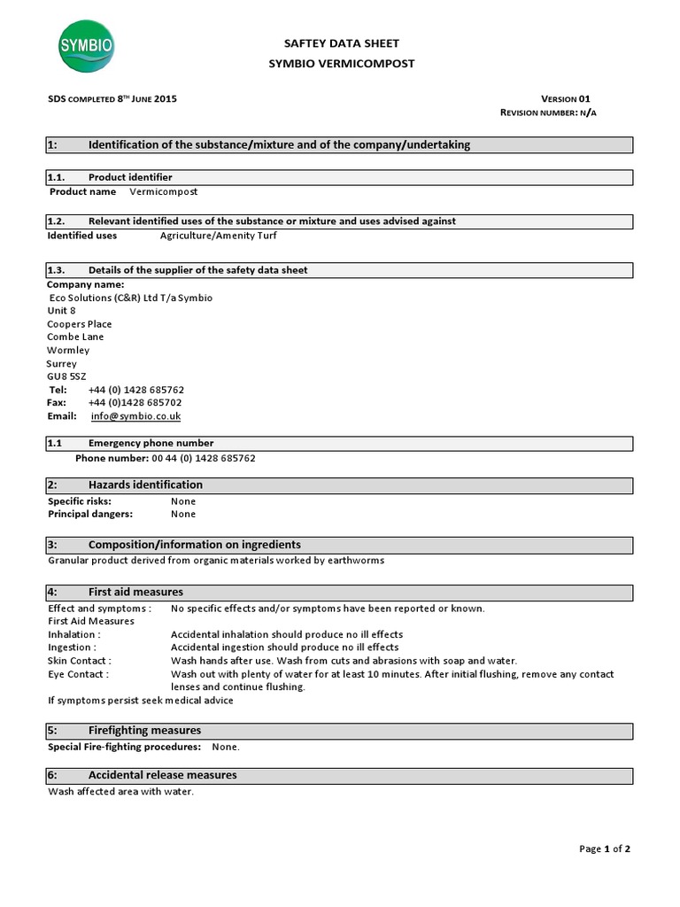 Symbio VermiCompost SDS | PDF | Toxicity | Chemistry