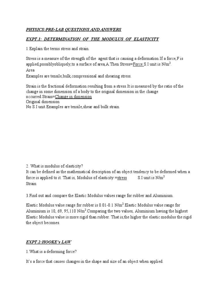 Physics Pre-Lab (1) - 1 | PDF | Young's Modulus | Elasticity (Physics)